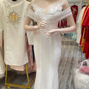 Extravagant White Sparkly Drop Sleeves Beaded Crystals Sequin Mermaid ...