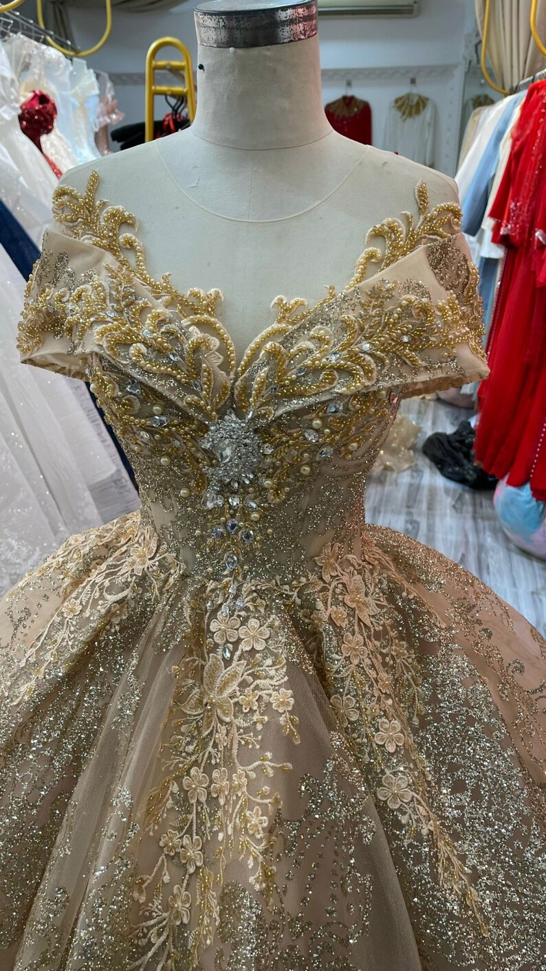 Royal Gold Beaded Crystals Sparkle Ball Gown Wedding Dress Etsy