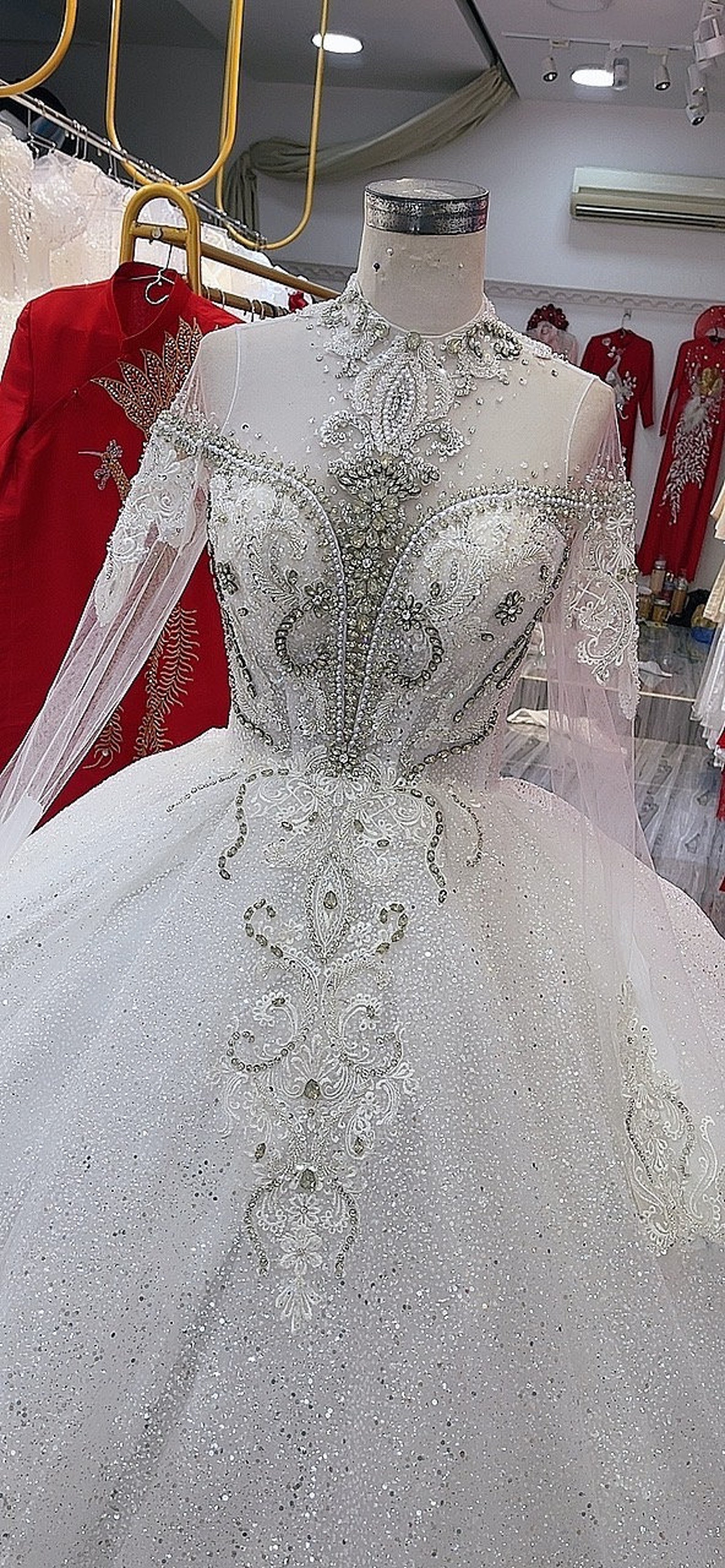 High Crew Neck Beautiful Sparkly Beaded Long Sleeve Lace White - Etsy