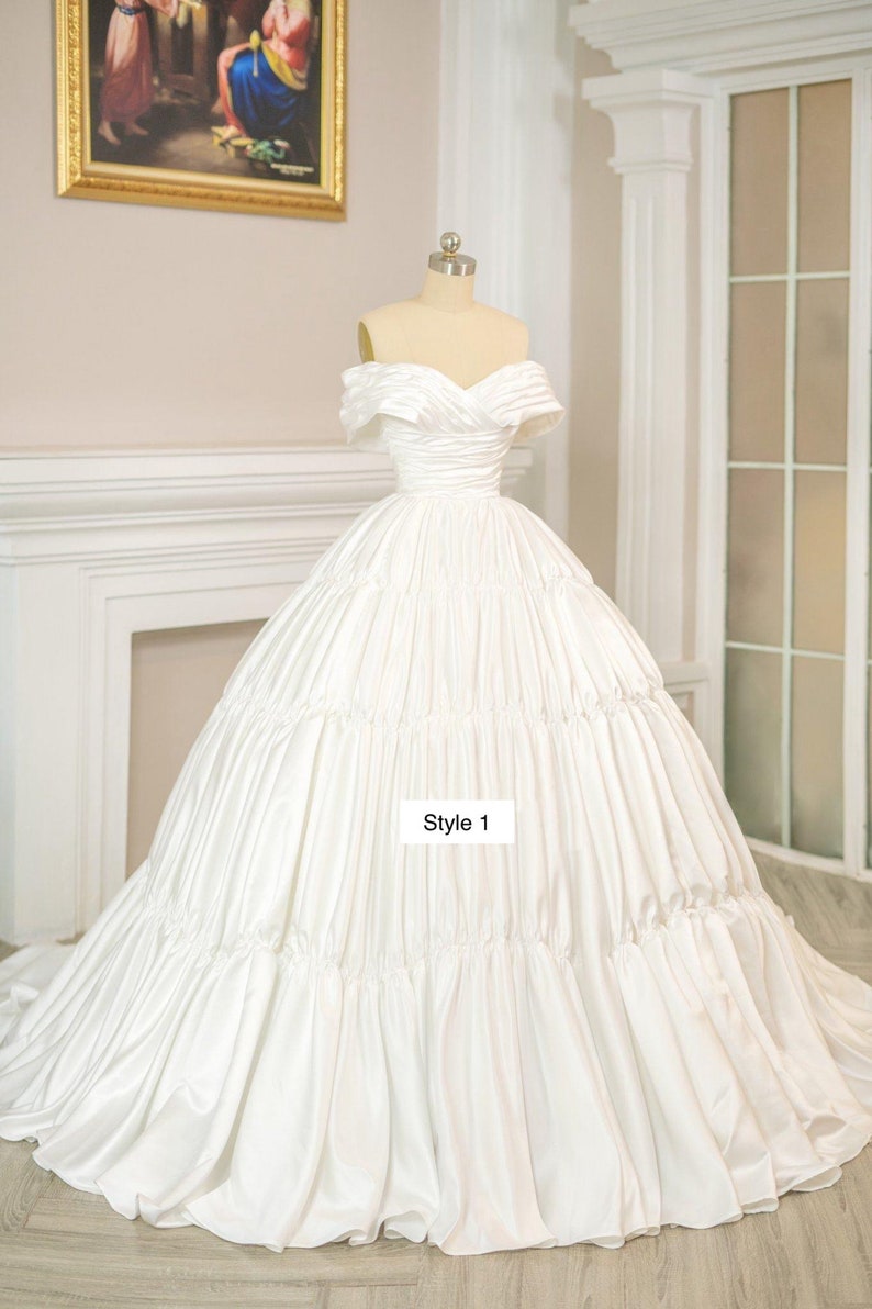 Off The Shoulder Elegant White Satin Ball Gown Wedding Dress Etsy