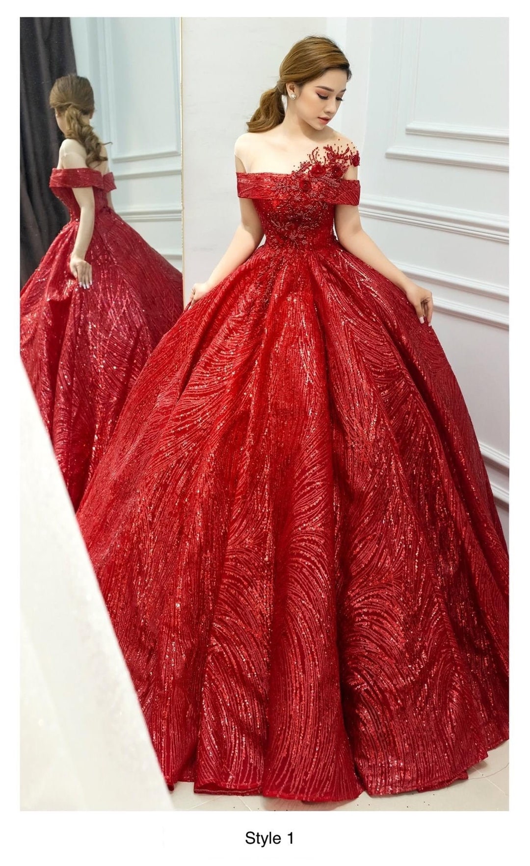 Illusion Off One Shoulder Red Sparkle Beaded Ball Gown Wedding Dress