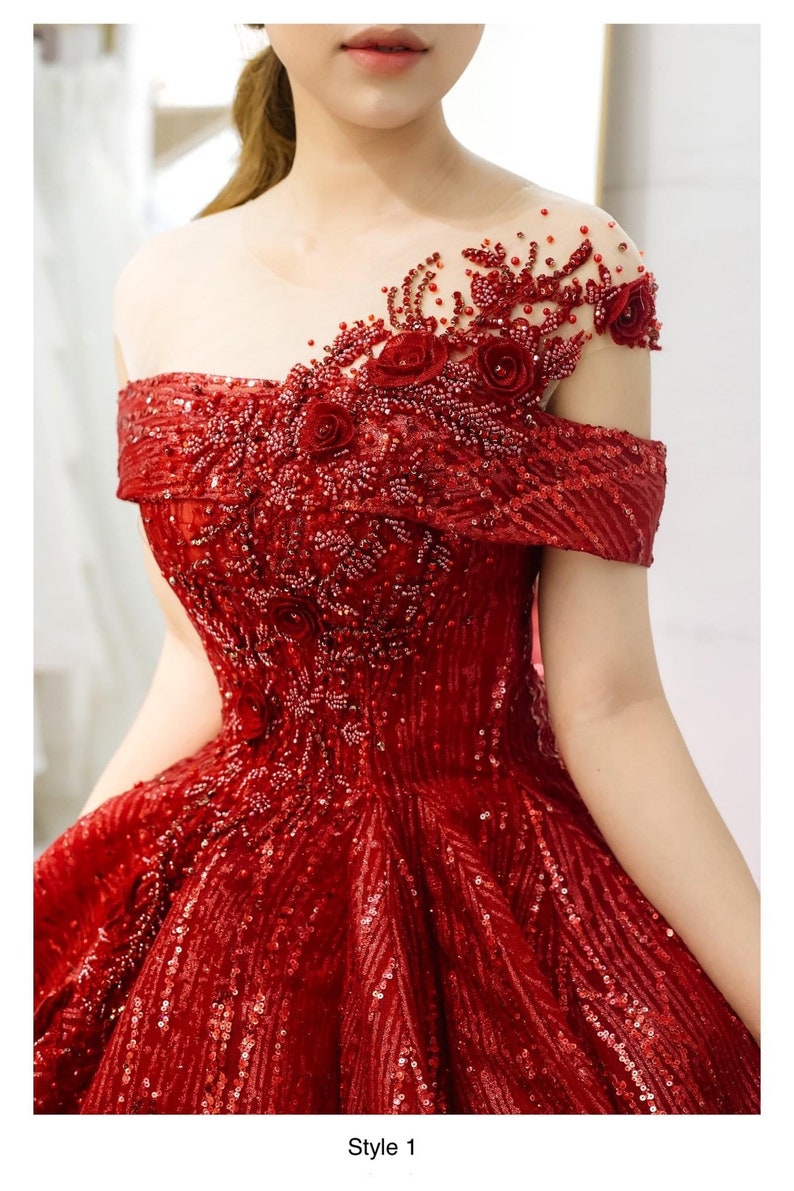 Illusion Off One Shoulder Red Sparkle Beaded Ball Gown Wedding Etsy