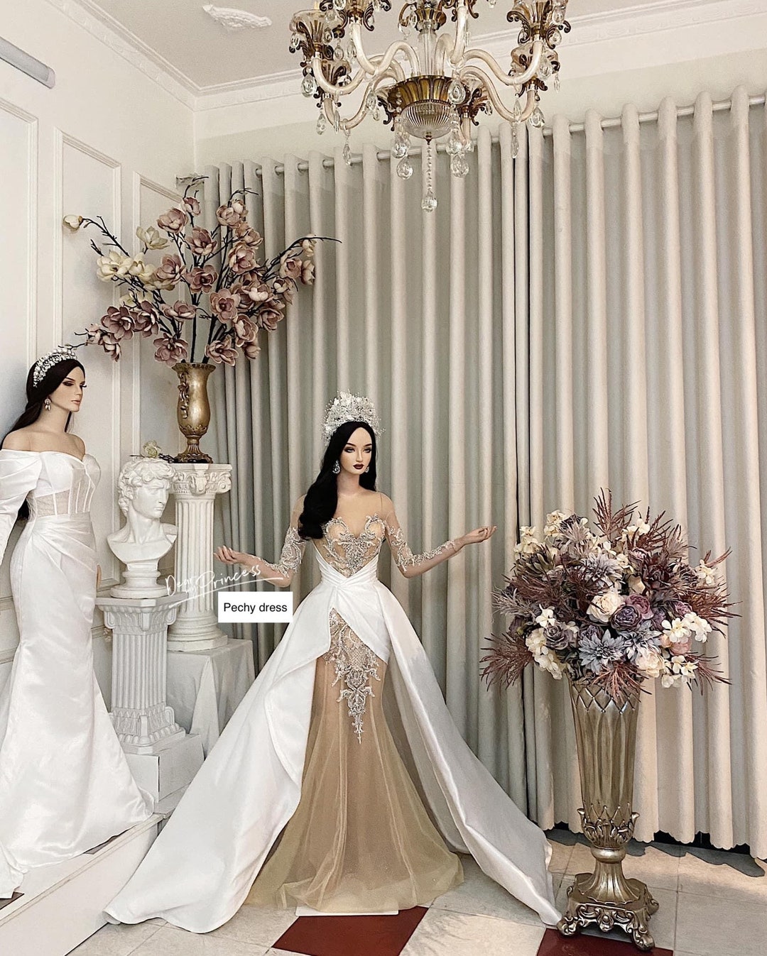 Pechy & Nudia Nude Skin Beige Beaded Lace Long Sleeves Mermaid Wedding ...