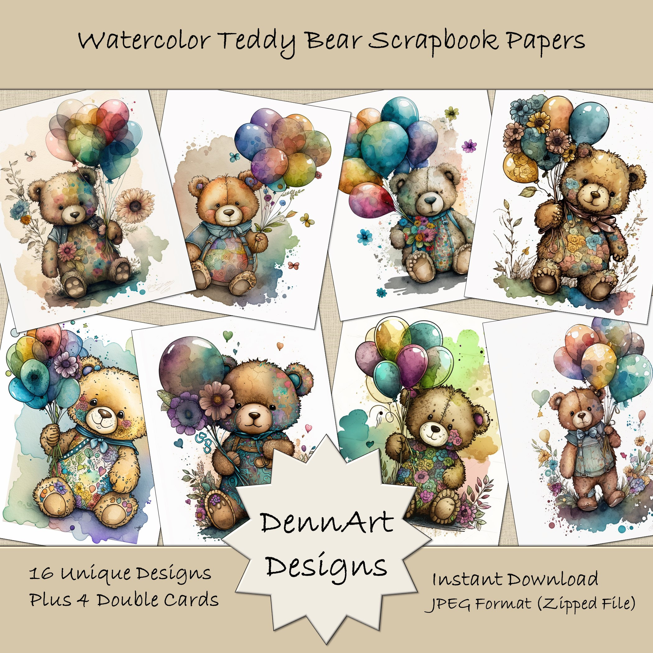Teddy Bear Scrapbooking Papers, Digital Paper, Printable Paper, Junk ...