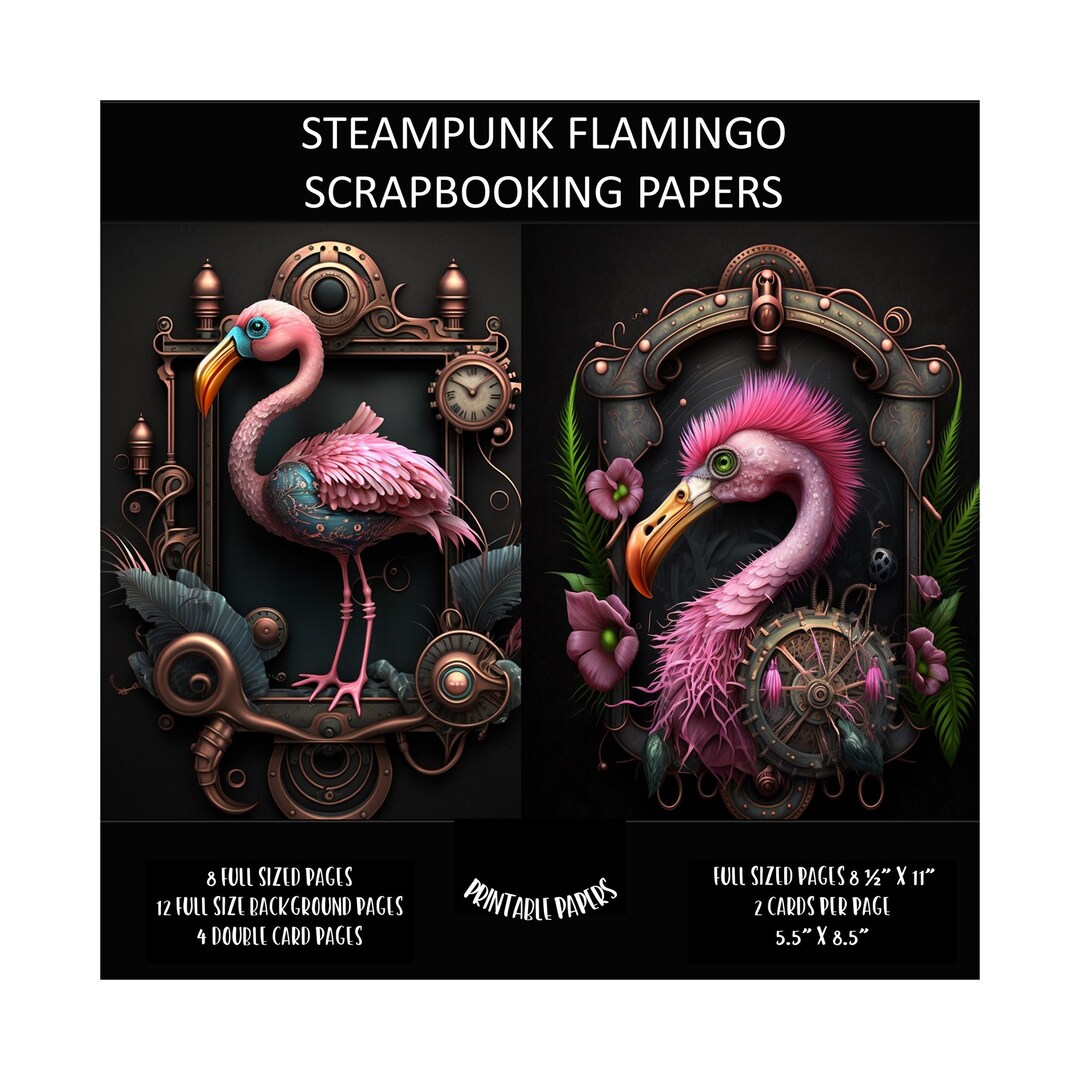 Steampunk Flamingo Scrapbooking Papers Journaling Papers ATC Cards ...