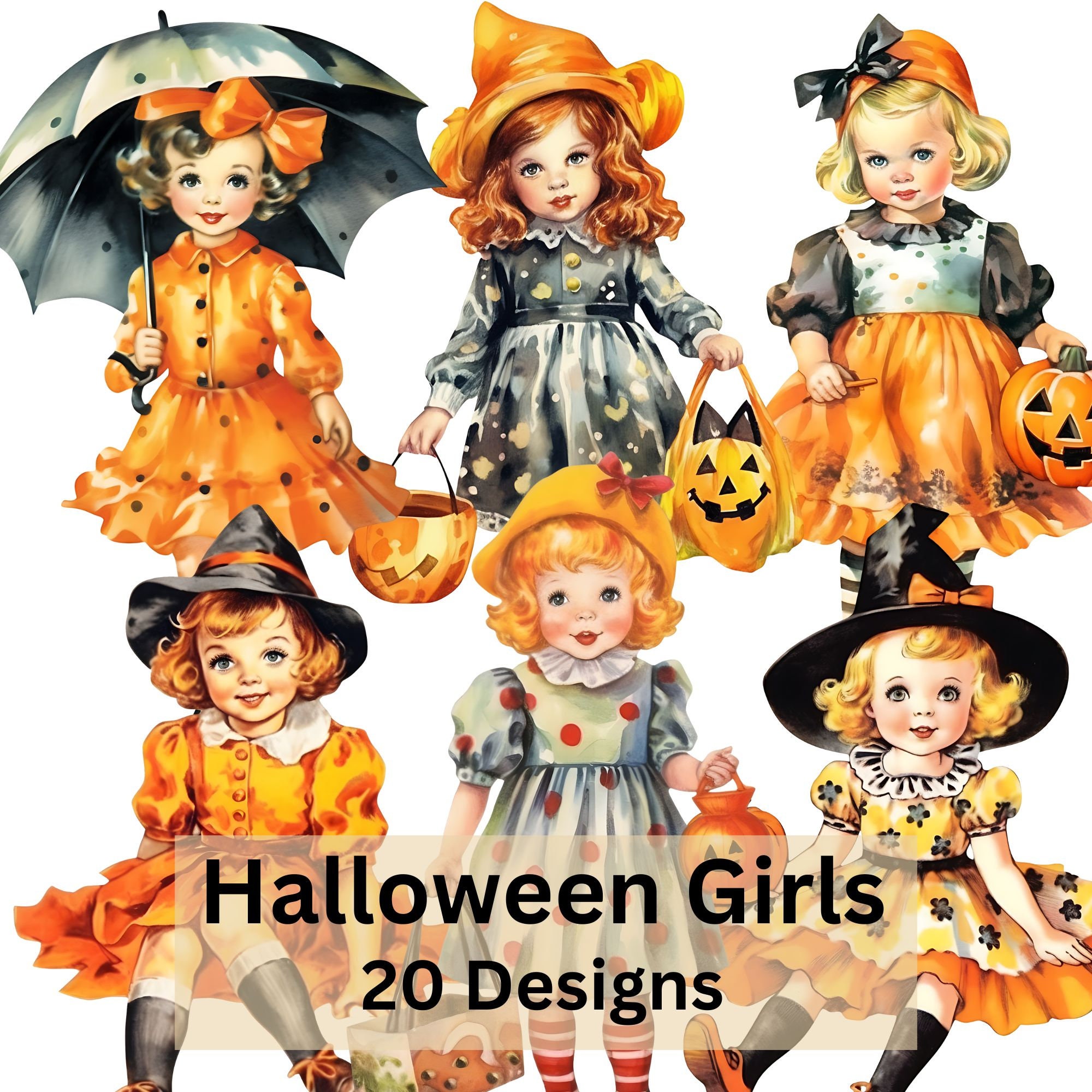 Cute Halloween Girls Clipart Watercolor Halloween Clipart - Etsy