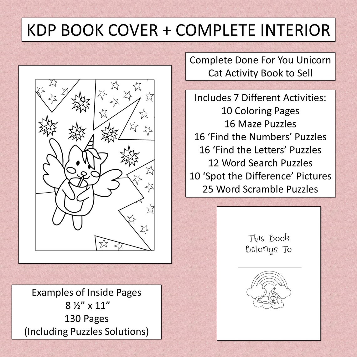 Complete Kids Unicorn Cat Activity Book Cover Design - Etsy