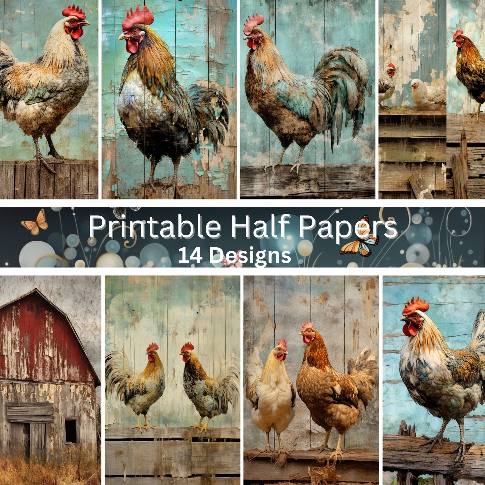 Chicken Digital Paper Barn Printable Junk Journal Half Papers Rustic ...