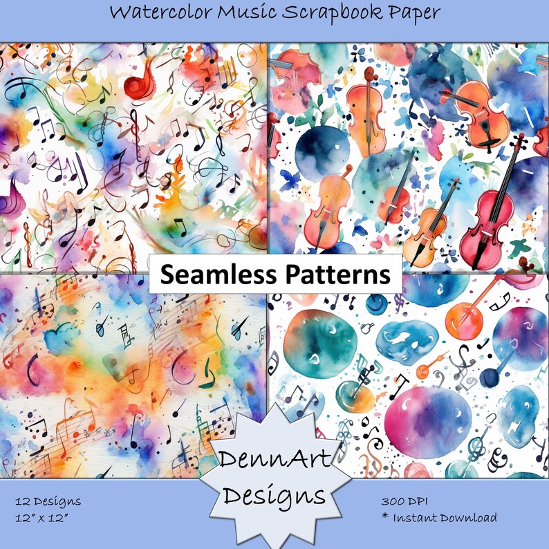 Watercolor Music Notes Digital Paper, Music Scrapbooking Papers ...