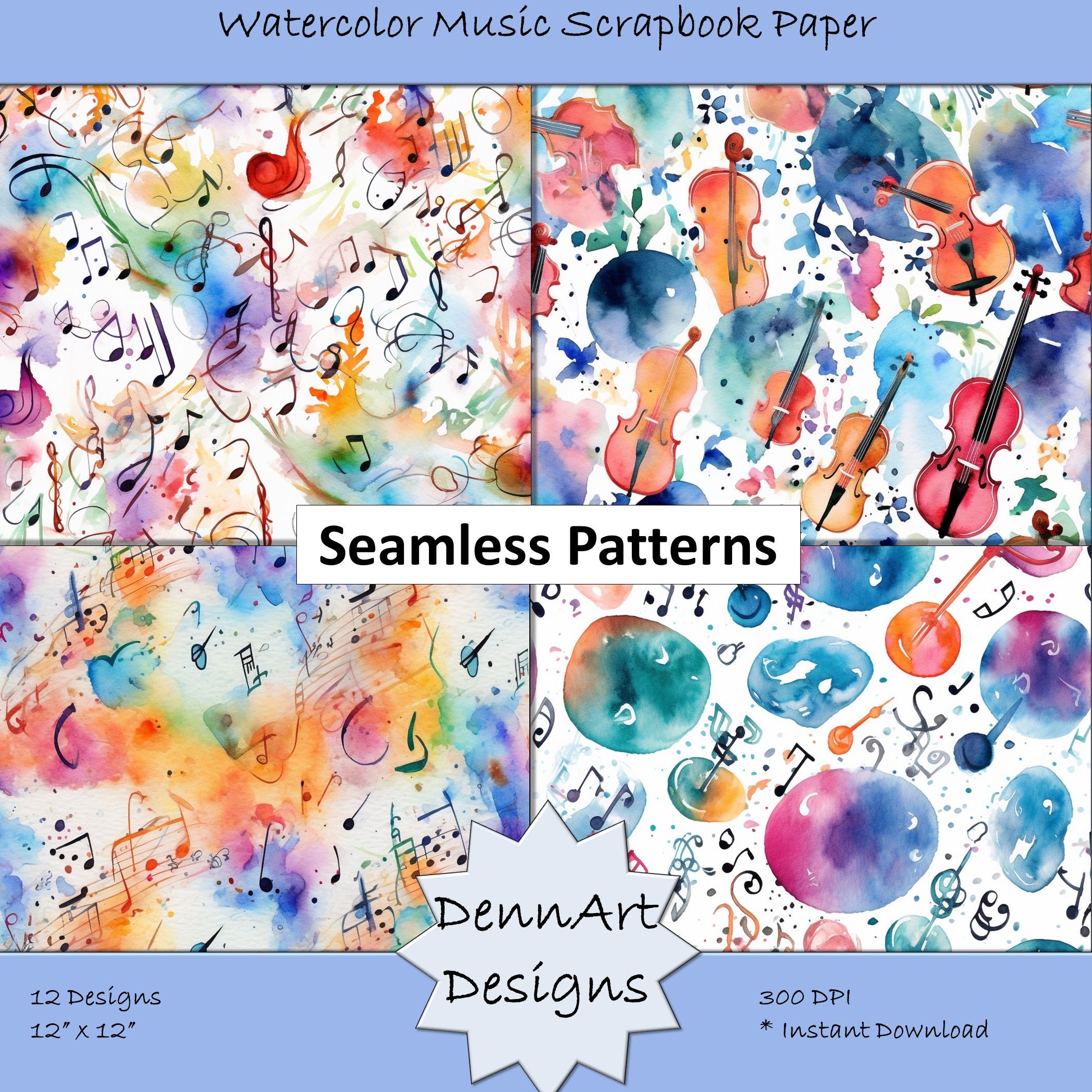 Watercolor Music Notes Digital Paper, Music Scrapbooking Papers ...