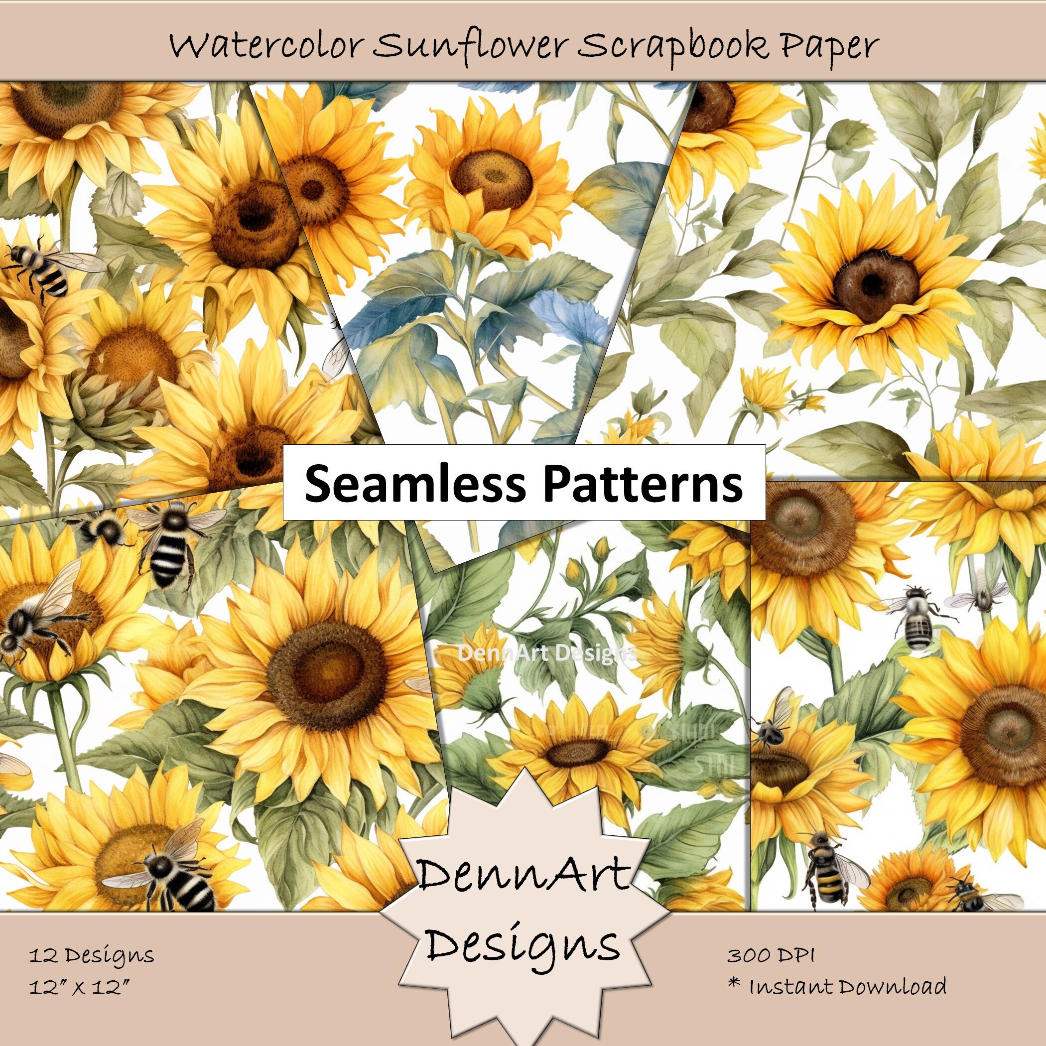 Watercolor Sunflower Digital Paper, Seamless, Sunflower Scrapbook Paper ...