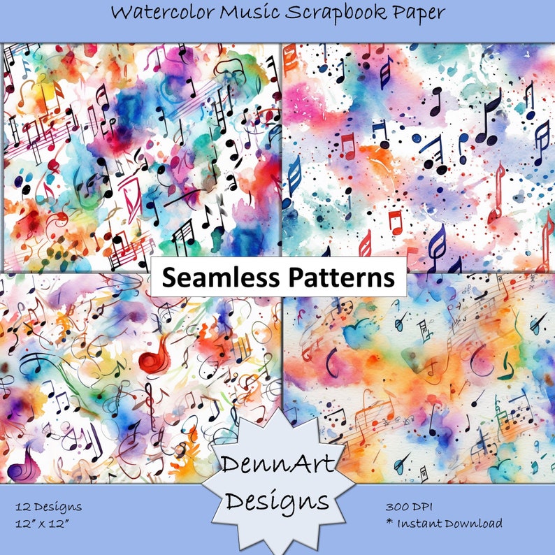 Watercolor Music Notes Digital Paper, Music Scrapbooking Papers ...