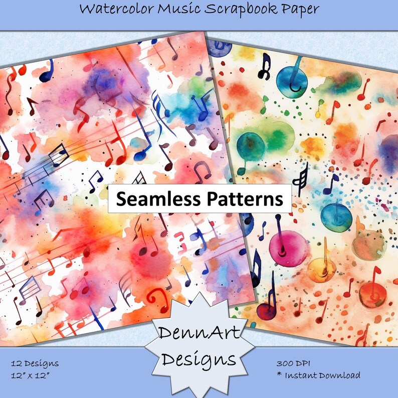 Watercolor Music Notes Digital Paper, Music Scrapbooking Papers ...