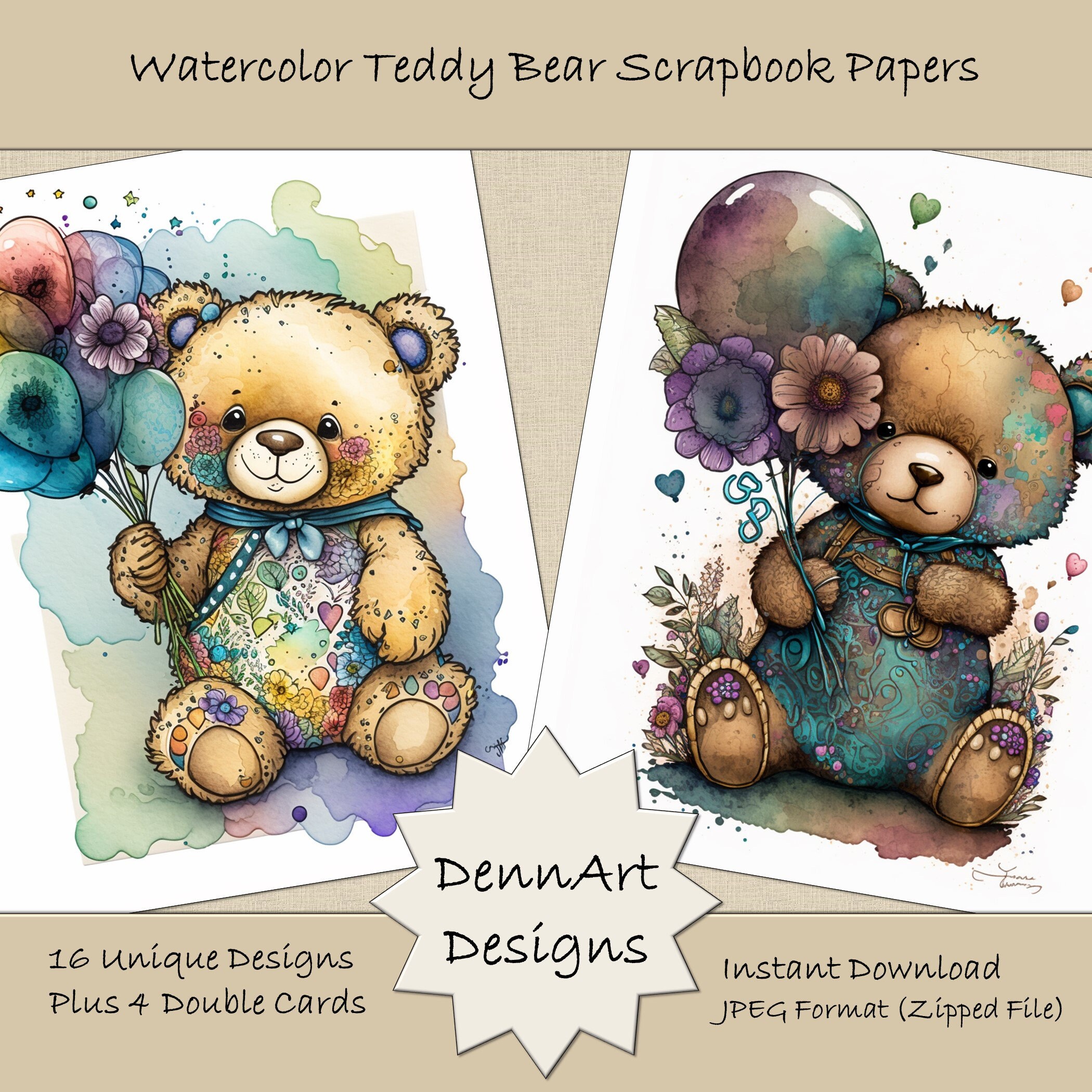 Teddy Bear Scrapbooking Papers, Digital Paper, Printable Paper, Junk ...