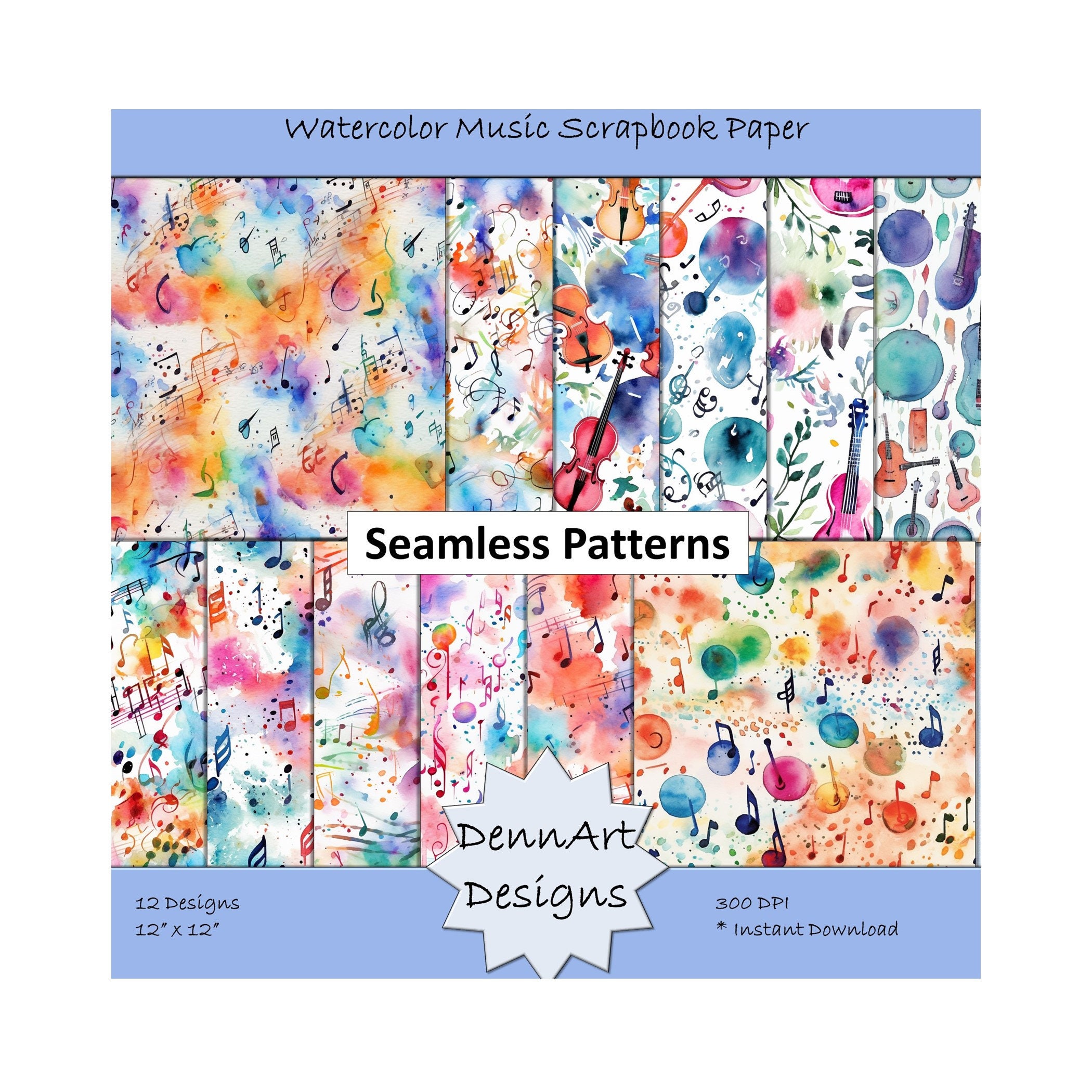 Watercolor Music Notes Digital Paper, Music Scrapbooking Papers ...