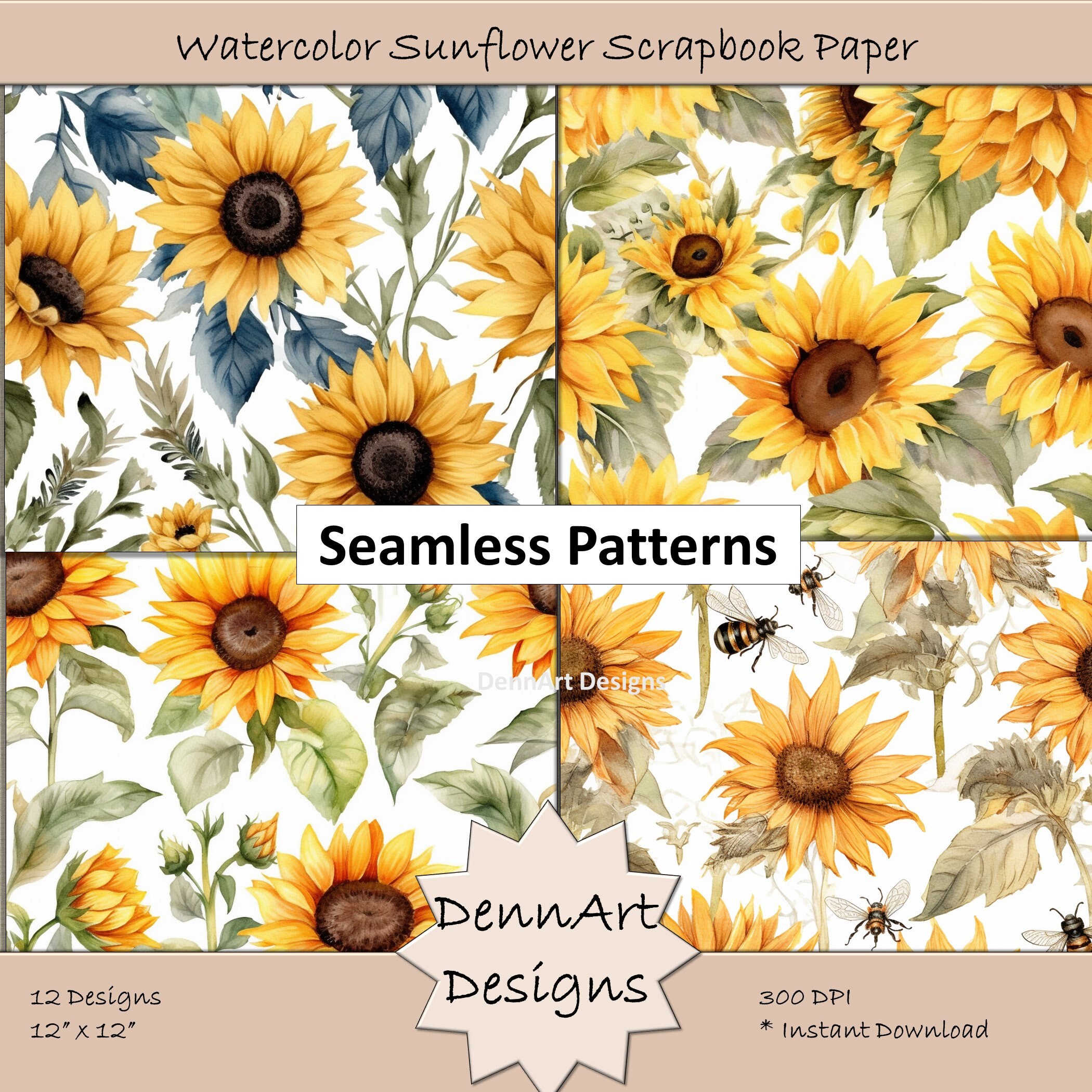 Watercolor Sunflower Digital Paper, Seamless, Sunflower Scrapbook Paper ...