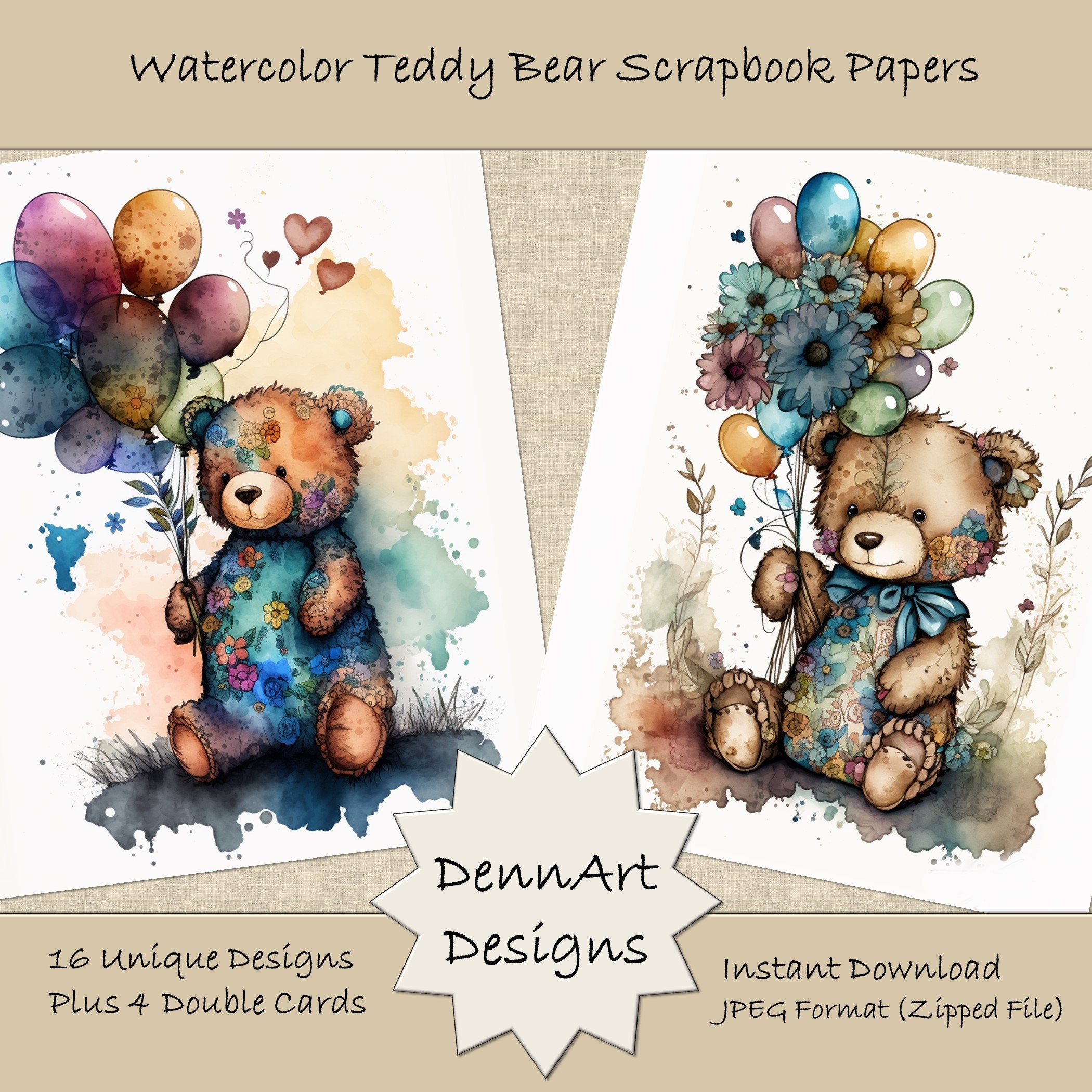 Teddy Bear Scrapbooking Papers, Digital Paper, Printable Paper, Junk ...