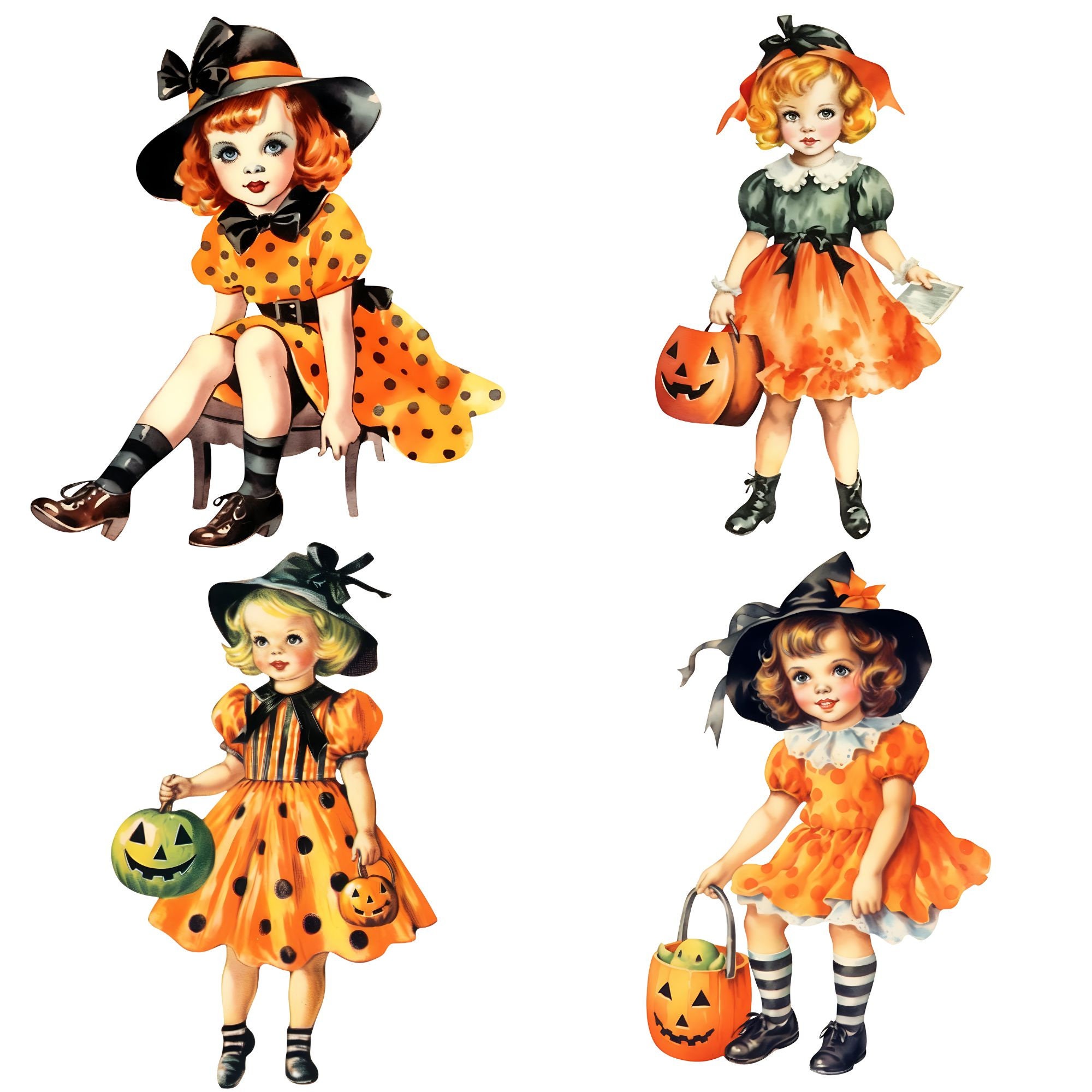 Cute Halloween Girls Clipart Watercolor Halloween Clipart Vintage Girls ...