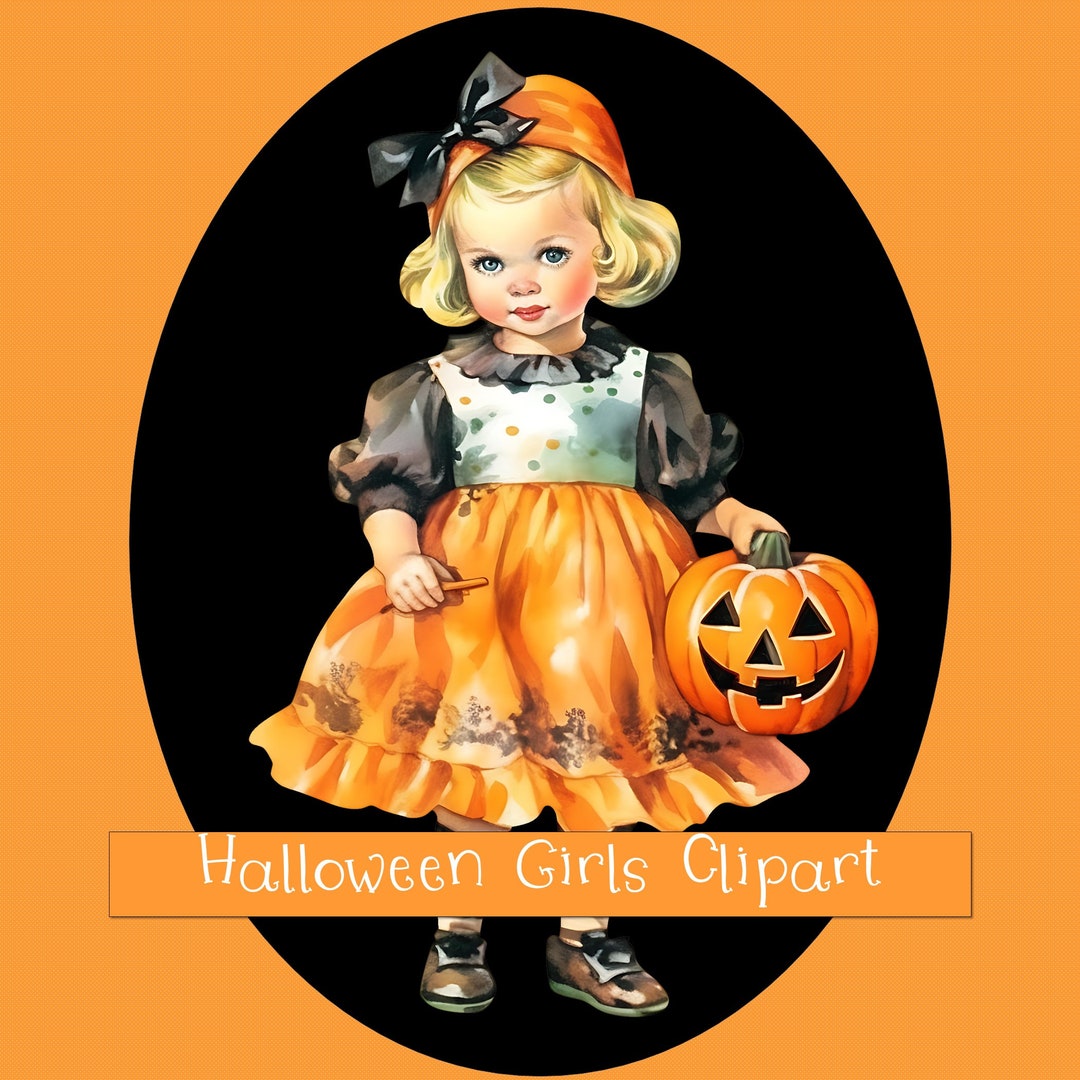 Cute Halloween Girls Clipart Watercolor Halloween Clipart Vintage Girls ...