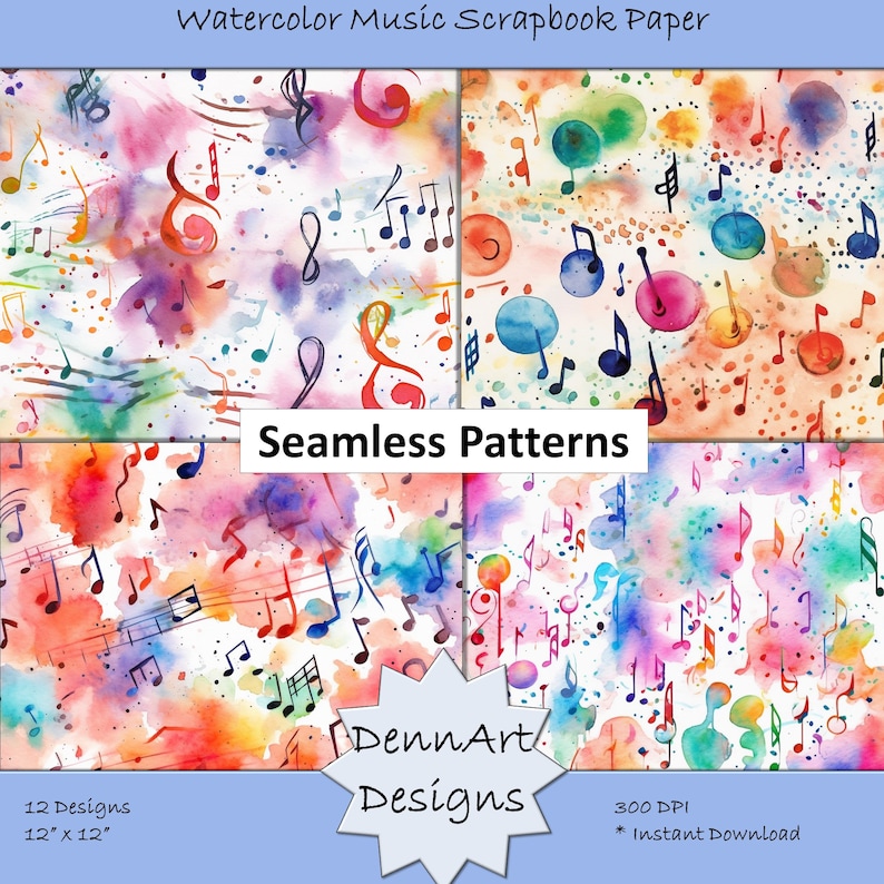 Watercolor Music Notes Digital Paper, Music Scrapbooking Papers ...