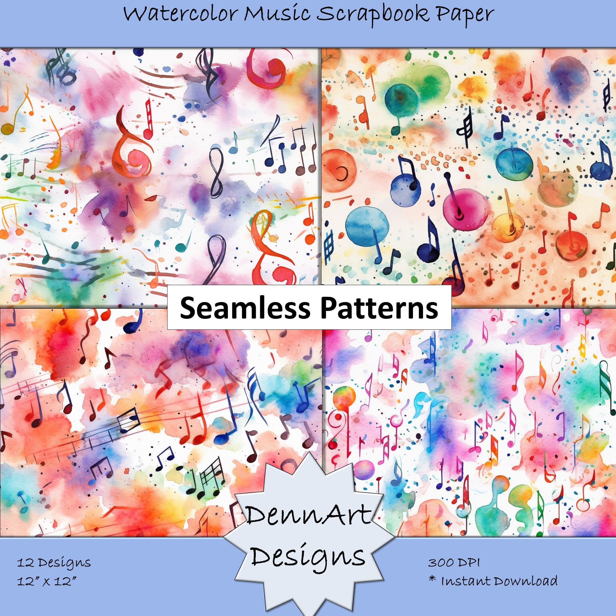 Watercolor Music Notes Digital Paper, Music Scrapbooking Papers ...