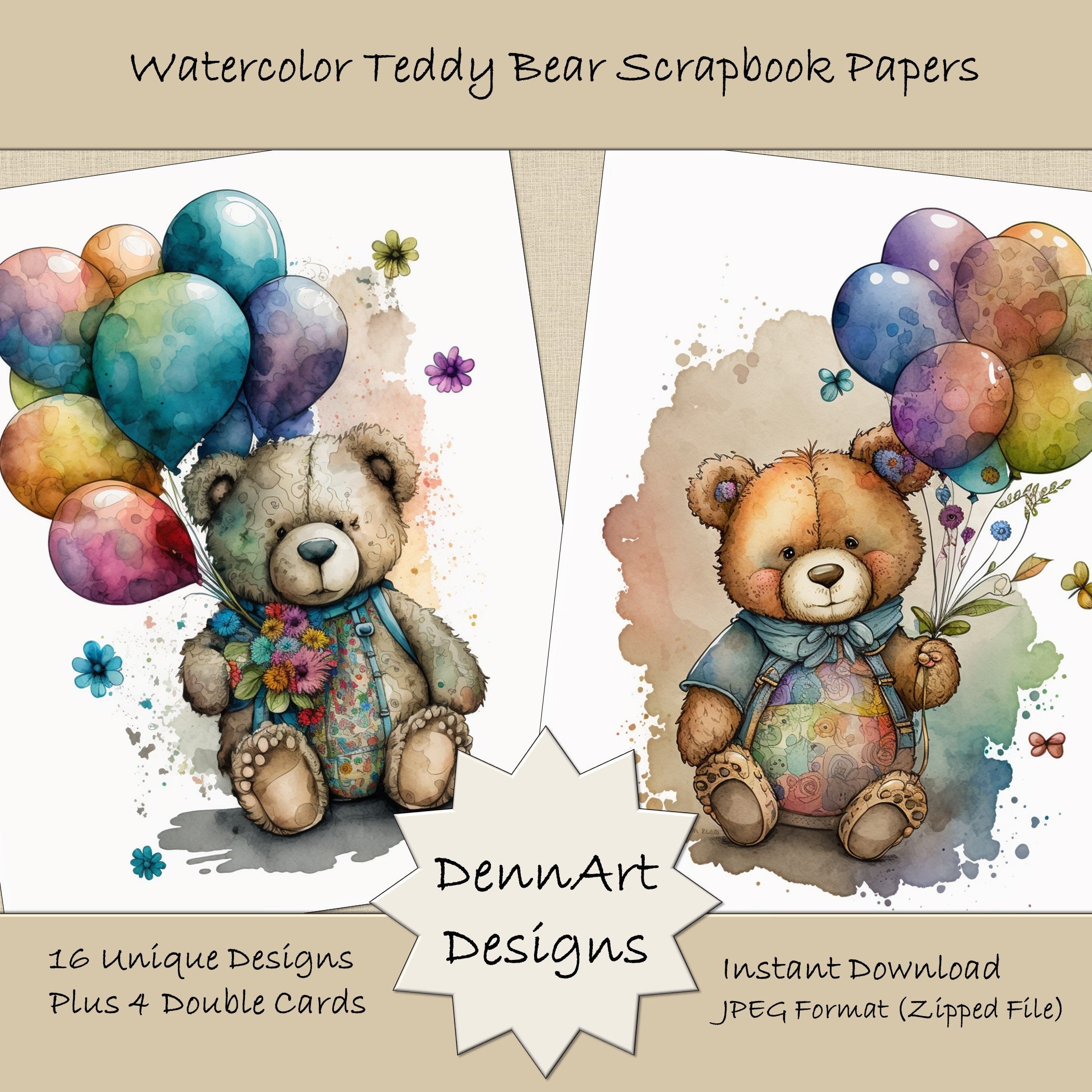 Teddy Bear Scrapbooking Papers, Digital Paper, Printable Paper, Junk ...