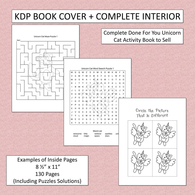 Complete Kids Unicorn Cat Activity Book Cover Design - Etsy