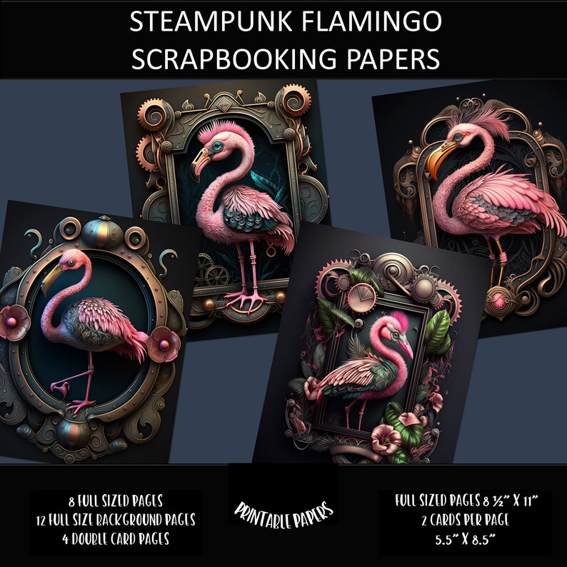 Steampunk Flamingo Scrapbooking Papers Journaling Papers ATC Cards ...