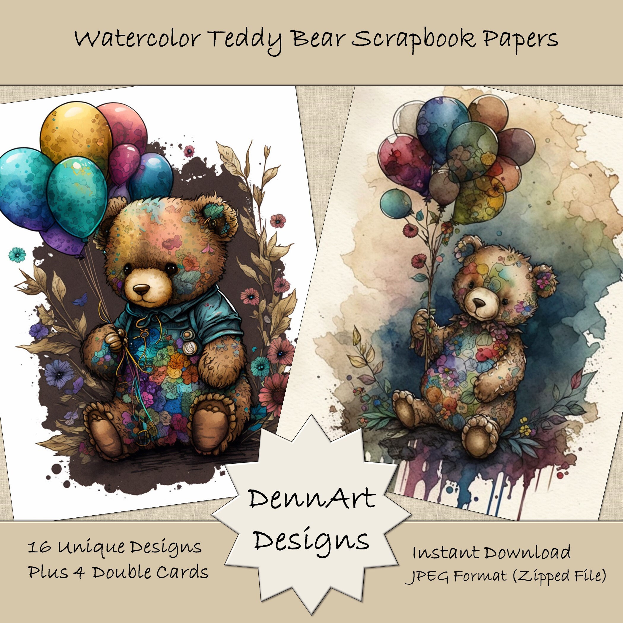 Teddy Bear Scrapbooking Papers, Digital Paper, Printable Paper, Junk ...