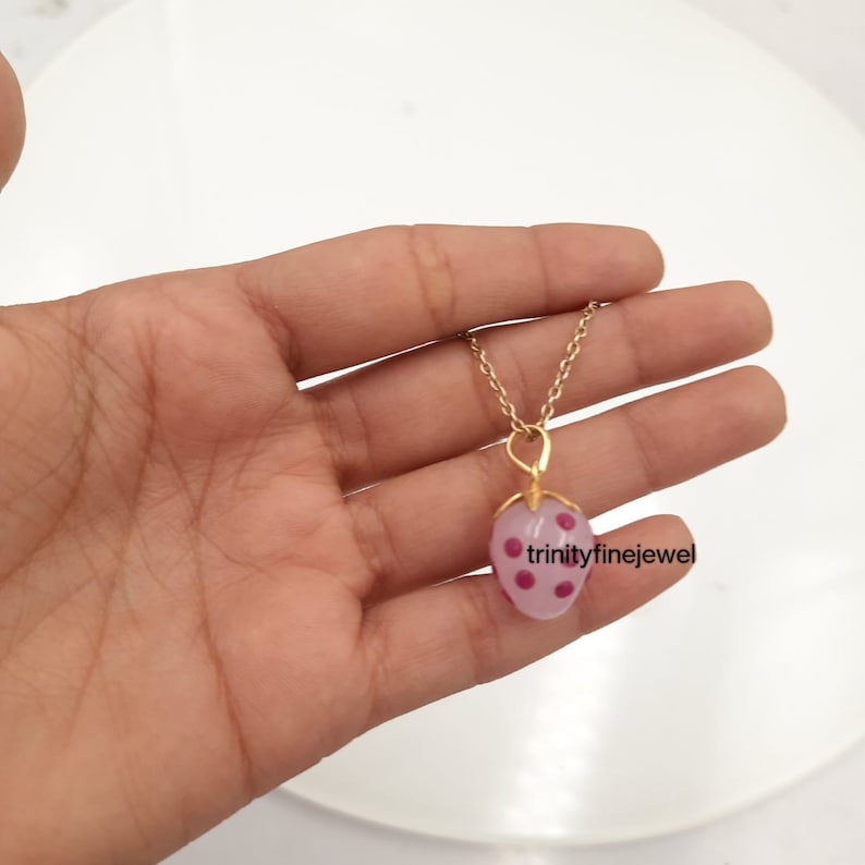 14k Gold Gemstone Strawberry Pendant, Tiny Straberry Fruit Charm, Gold Berry Necklace, Carved ...