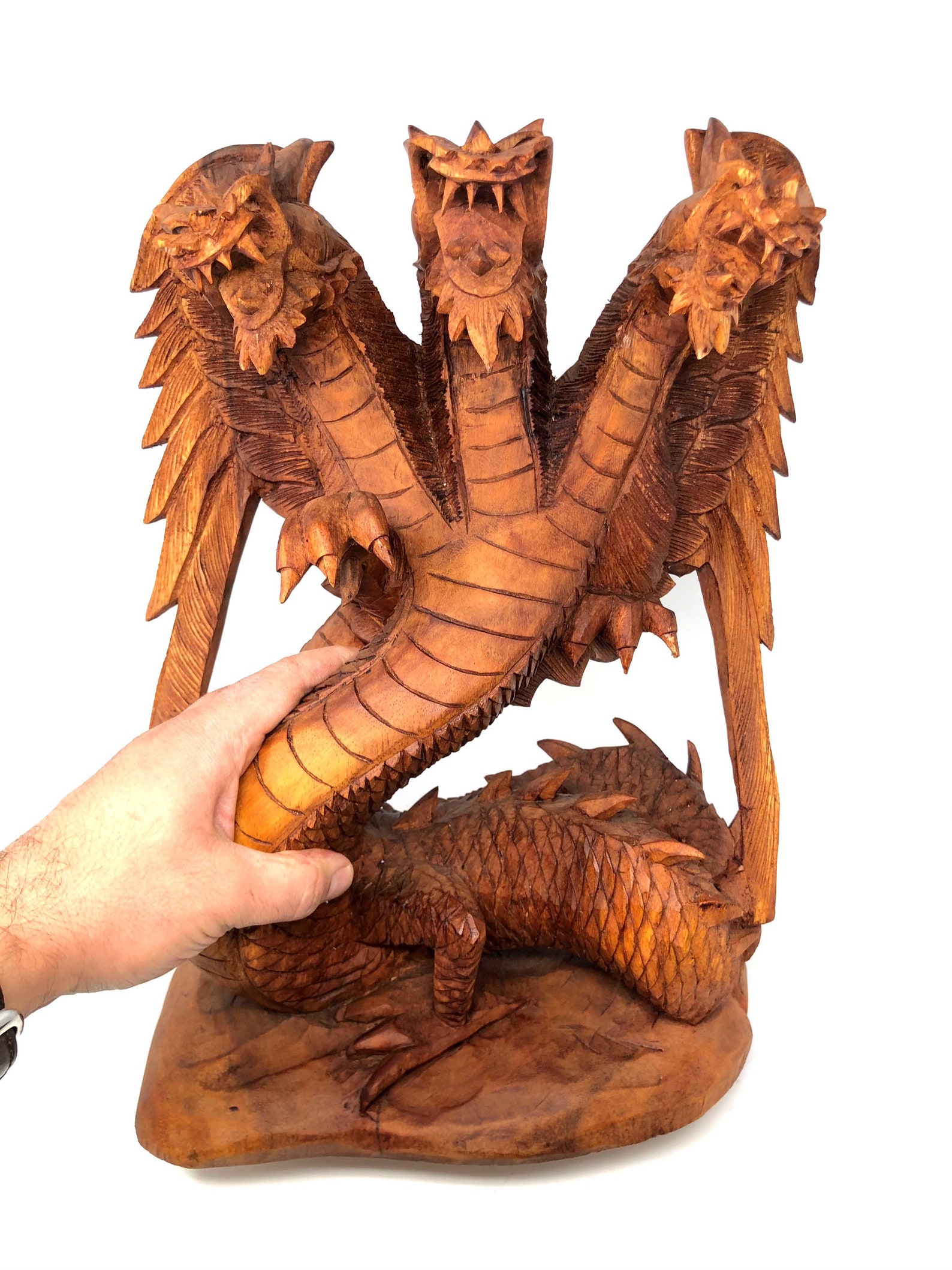Wooden Large 3 Headed Dragon Statue Hand Carved Solid Heavy | Etsy