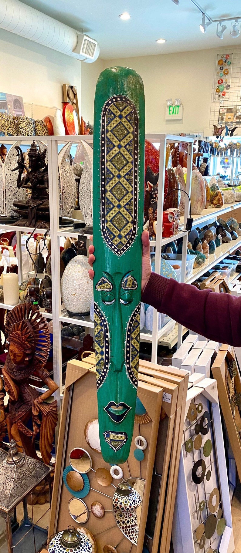 Wooden Tribal Long Mask Emerald Green Hand Carved With Batik | Etsy