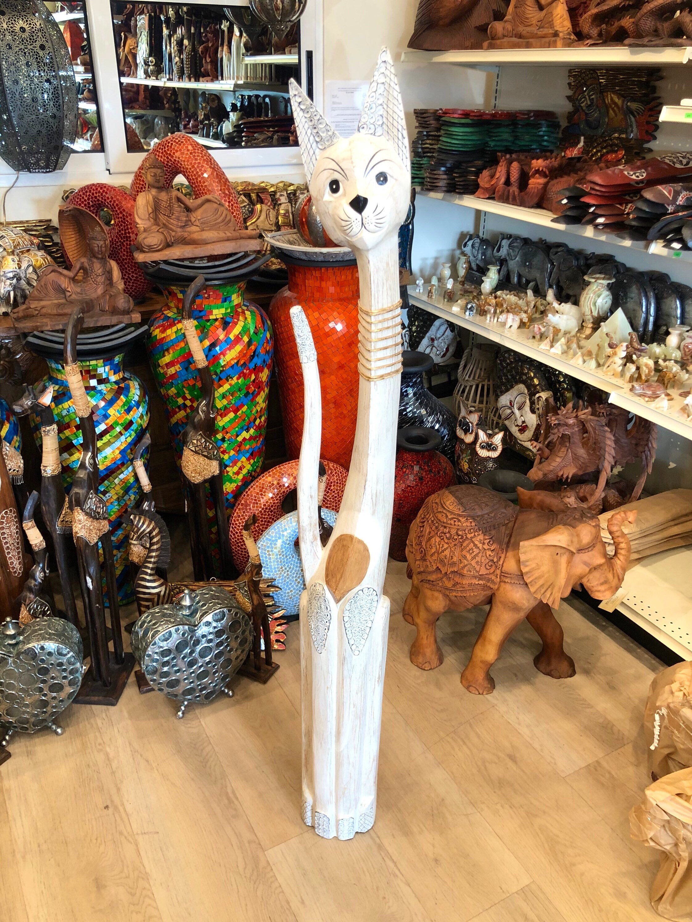 Tall White Cat Statue Hand Carved & Painted Straw Decorative | Etsy