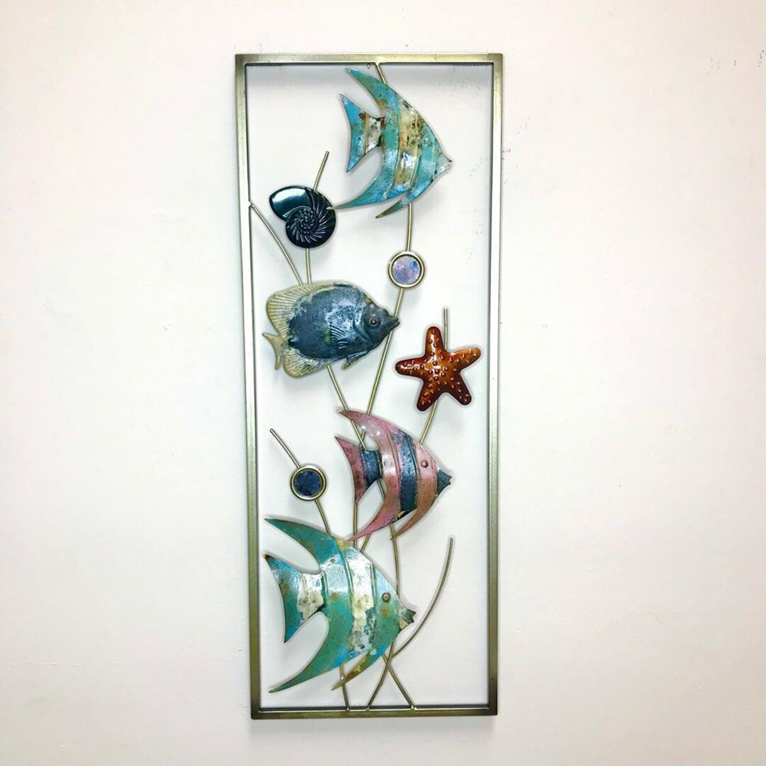 Wall Hanging Art Metal Frame Fishes Ocean Theme Shapes 29” X 11” - Etsy