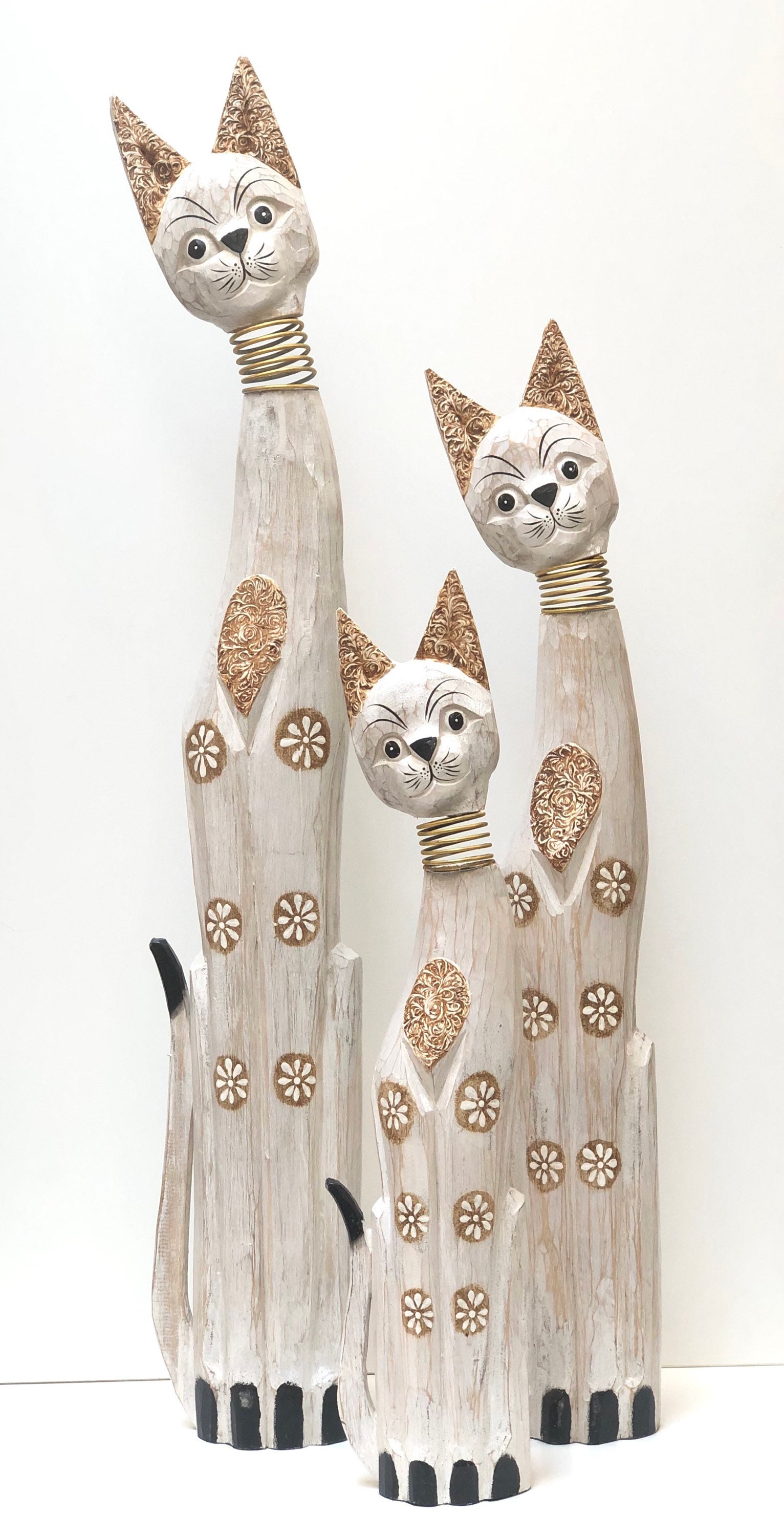 Tall Cats Statue Hand Carved & Painted Set of 3 Figurines - Etsy