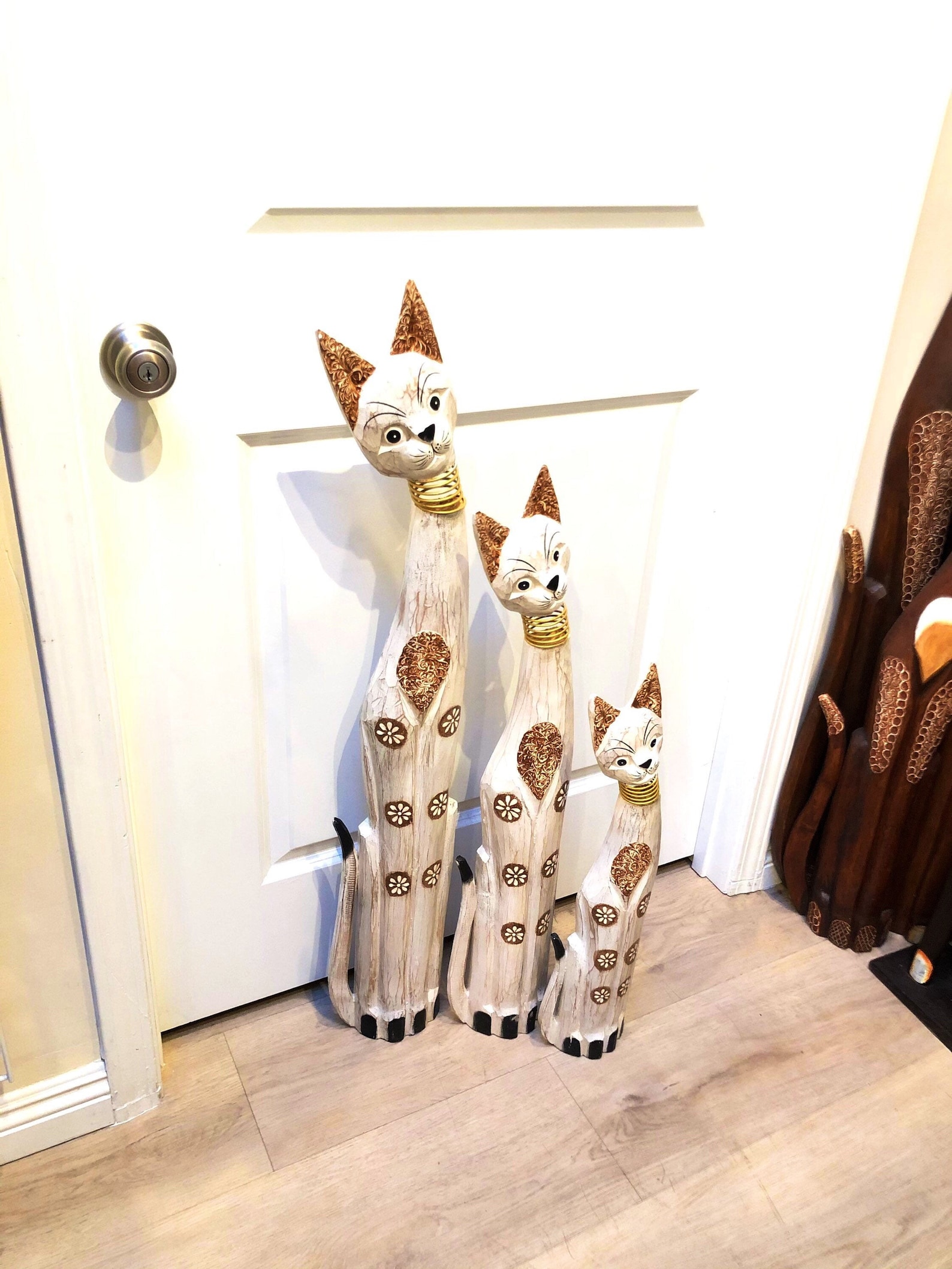 Tall Cats Statue Hand Carved & Painted Set of 3 Figurines - Etsy