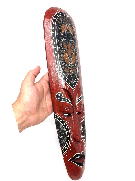 Wooden Tribal Mask Red Hand Carved With Batik Details Wall Art | Etsy