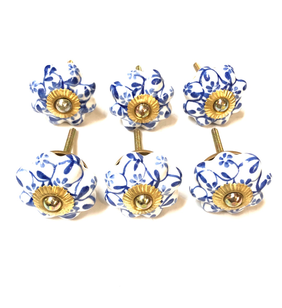 Blue Floral Artistic Knobs Hand-painted Kitchen Cabinet Drawer Pulls ...