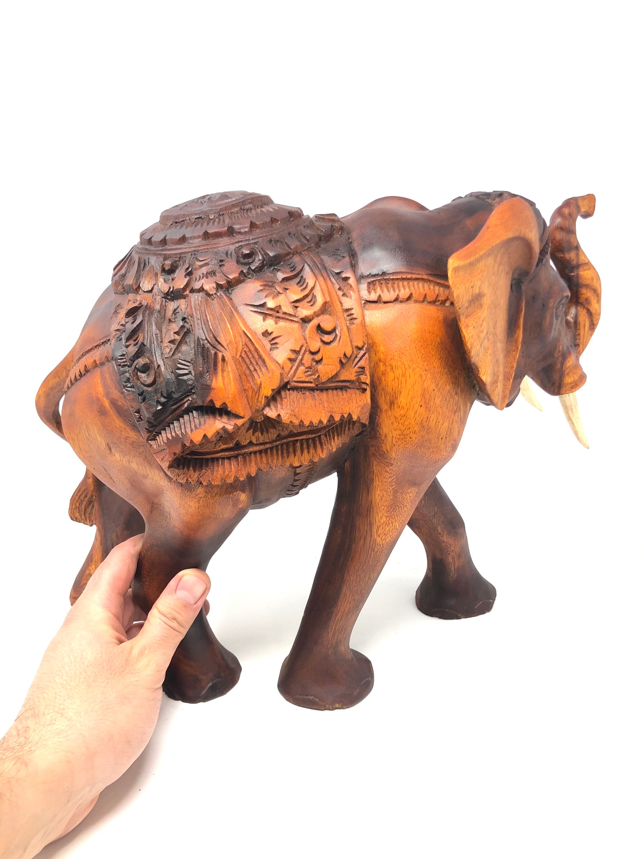 Wooden Large Elephant Statue Hand Carved With Tusks Solid Etsy