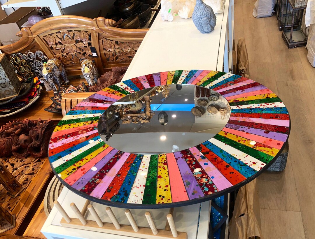 Large Round Mirror Rainbow Multicolored Rainbow Artistic Glass Inlay 24 ...