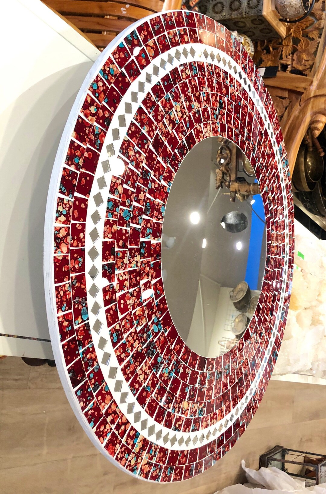 Round Mirror Red Large Artistic Glass Inlay 24” D - Etsy