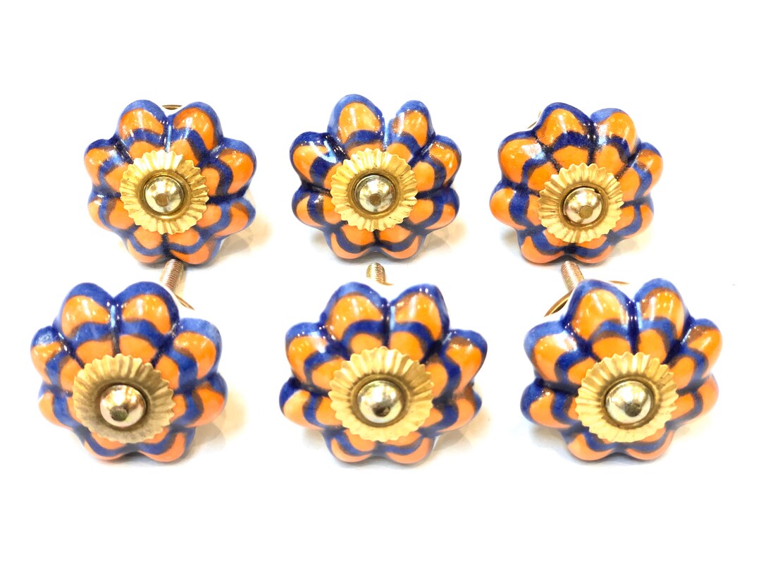 Orange Blue Spanish Flower Knobs Ceramic Hand Painted Kitchen Cabinet Drawer Pulls Handmade ...