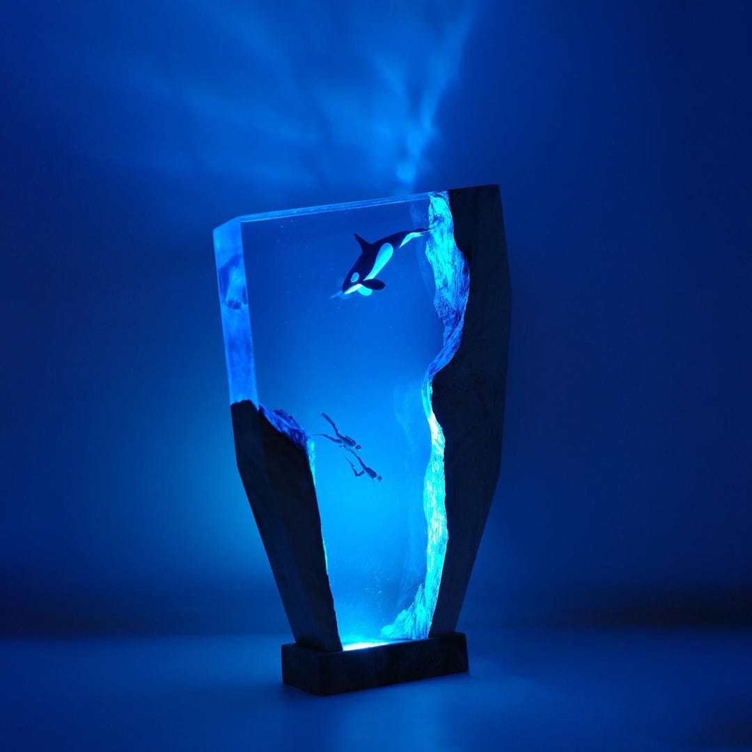 Orca, Diver, Scuba Resin Wood Lamp, Orca Gift, Ocean Theme Diorama ...