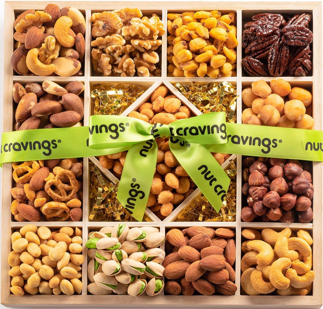 Nut Cravings Gourmet Collection - Mixed Nuts Gift Basket in Reusable Diamond Wooden Tray + Green ...