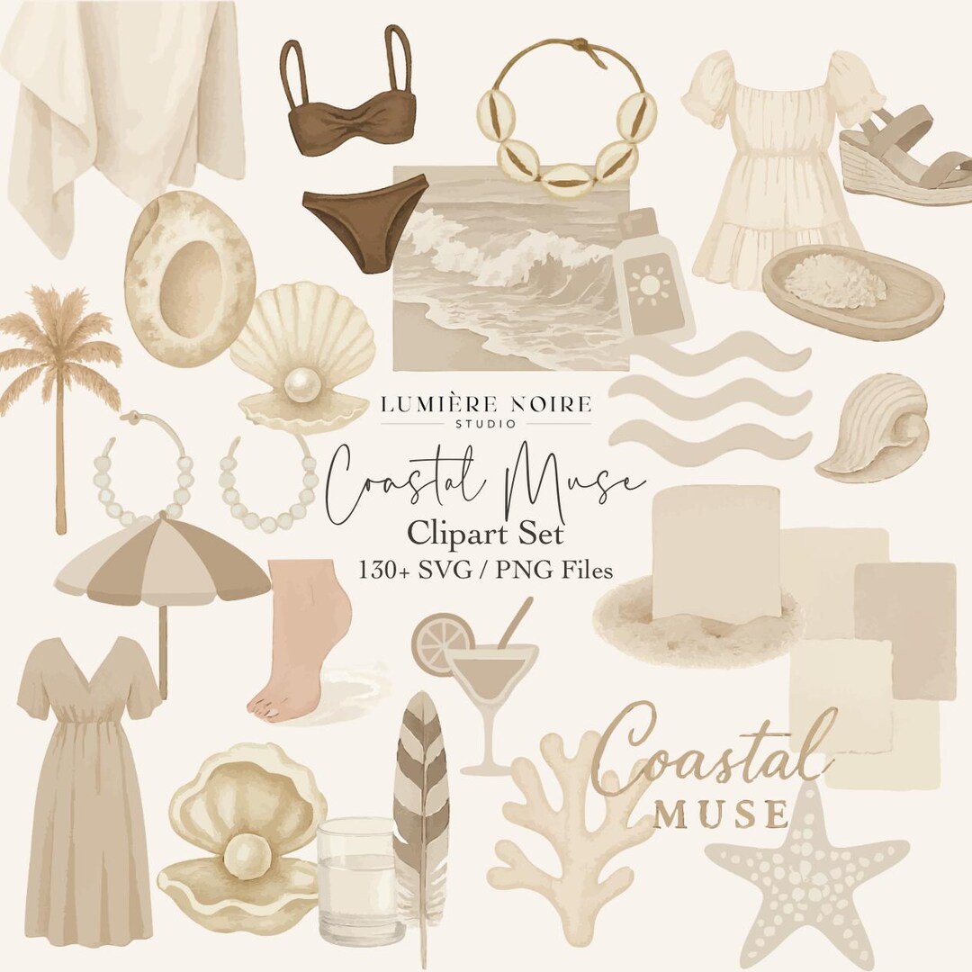 Coastal Muse Clipart Set | 130+ PNG & SVG Files | Neutral Beach Aesthetic Graphics | Digital ...