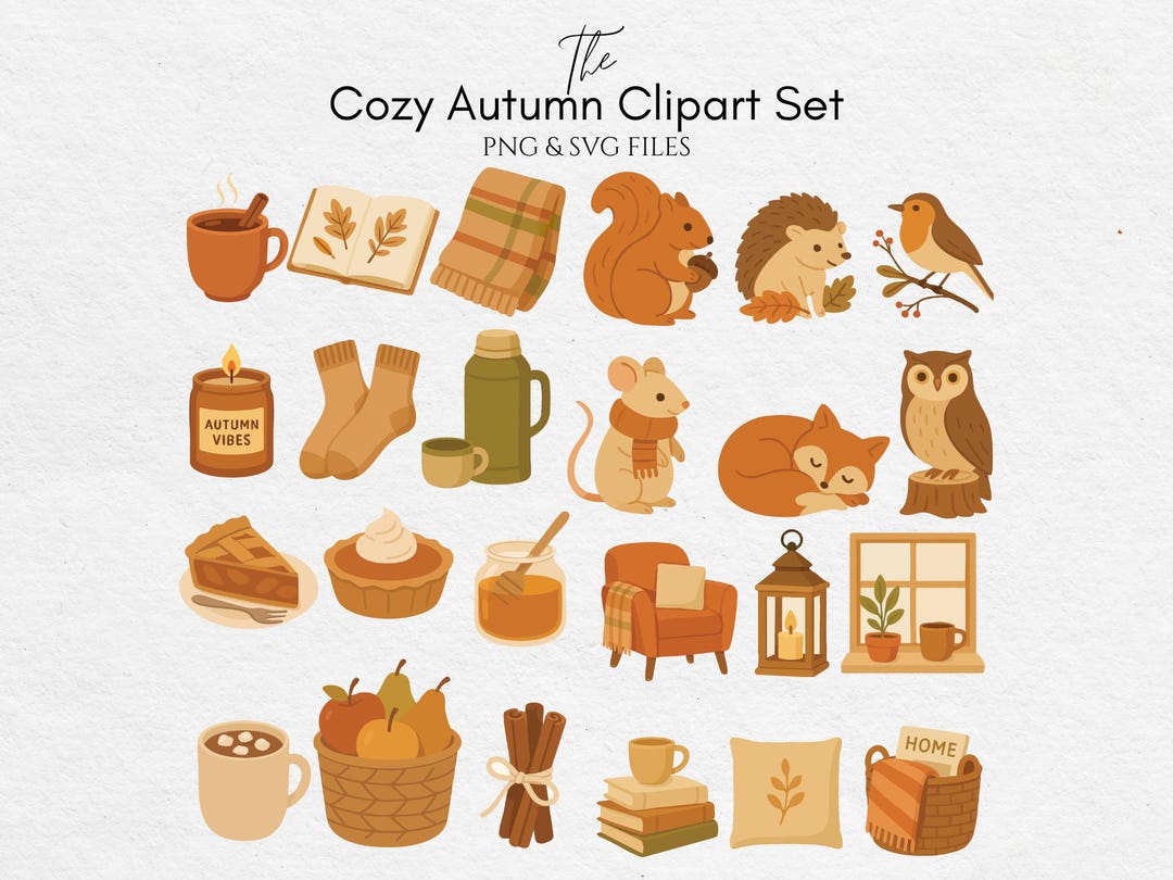Cozy Autumn Clipart Set – PNG / SVG Files – Warm Autumn Animals, Coffee ...
