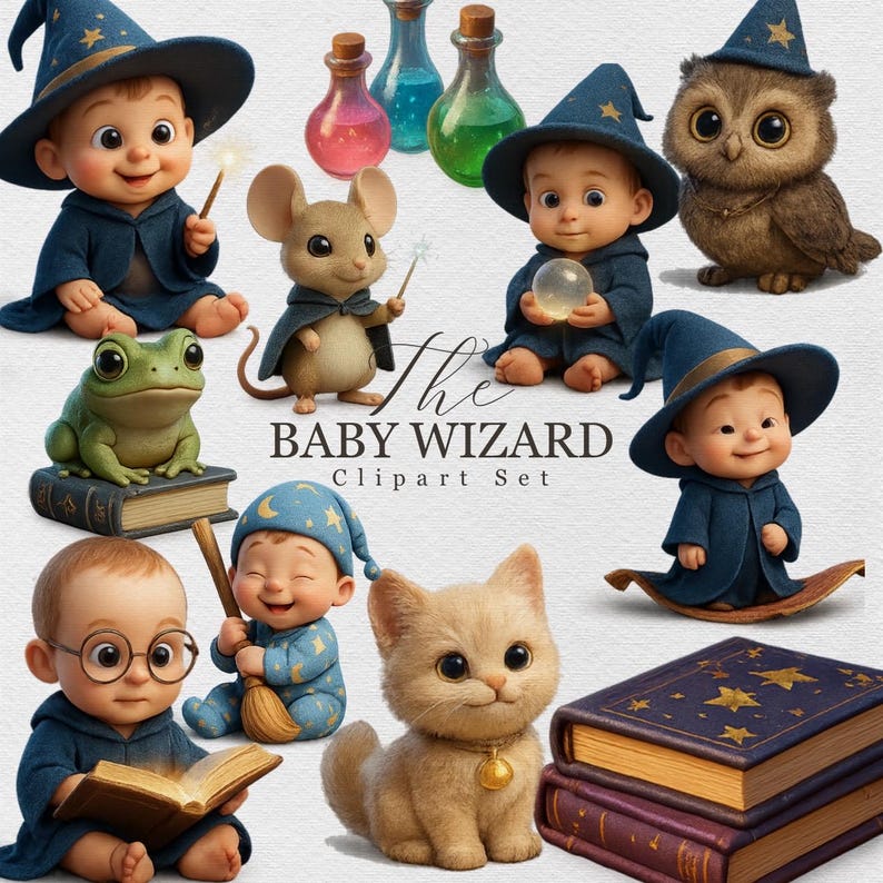 Baby Wizard Clipart Set – Magical 3D Pngs – Cute Wizard Babies, Animals ...