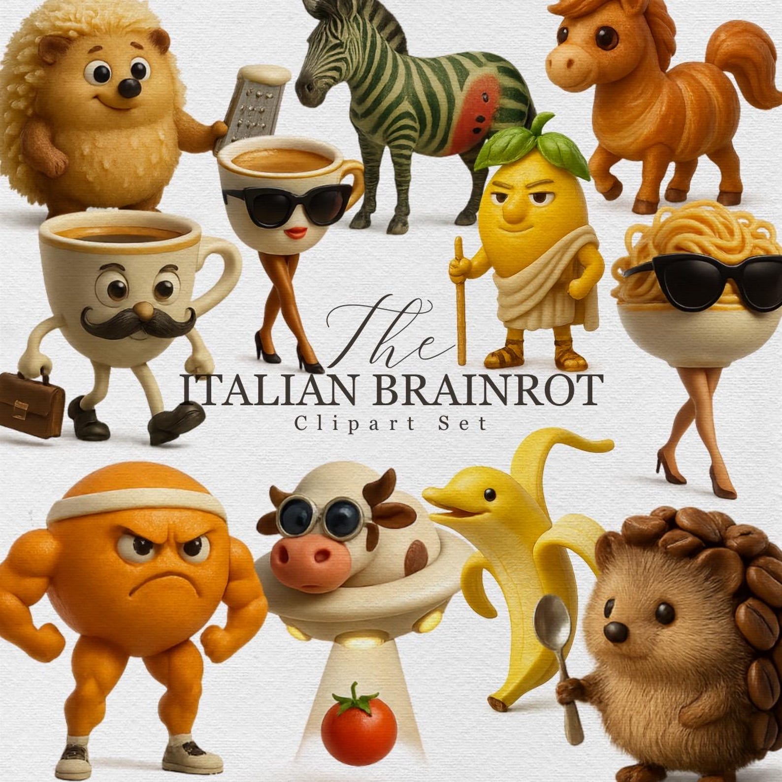 Italian Brainrot Clipart Set – Quirky 3D PNGs with Pasta, Espresso ...