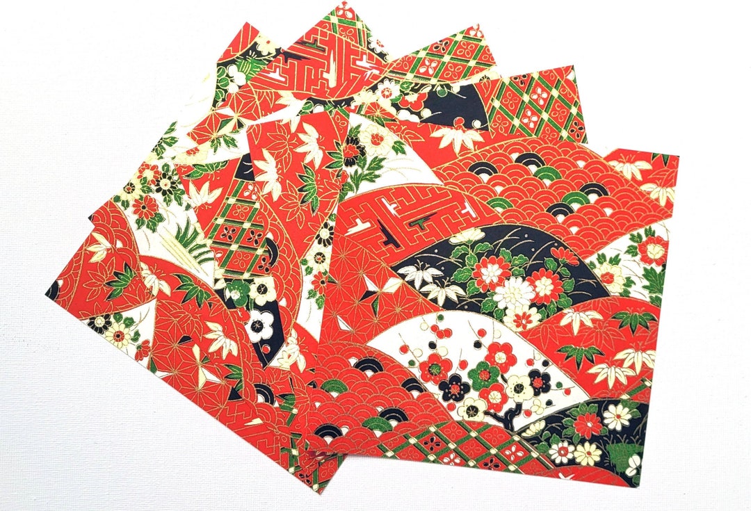 RED025 | Red Floral Origami Paper, Washi Chiyogami or Yuzen Sheet 15cm ...