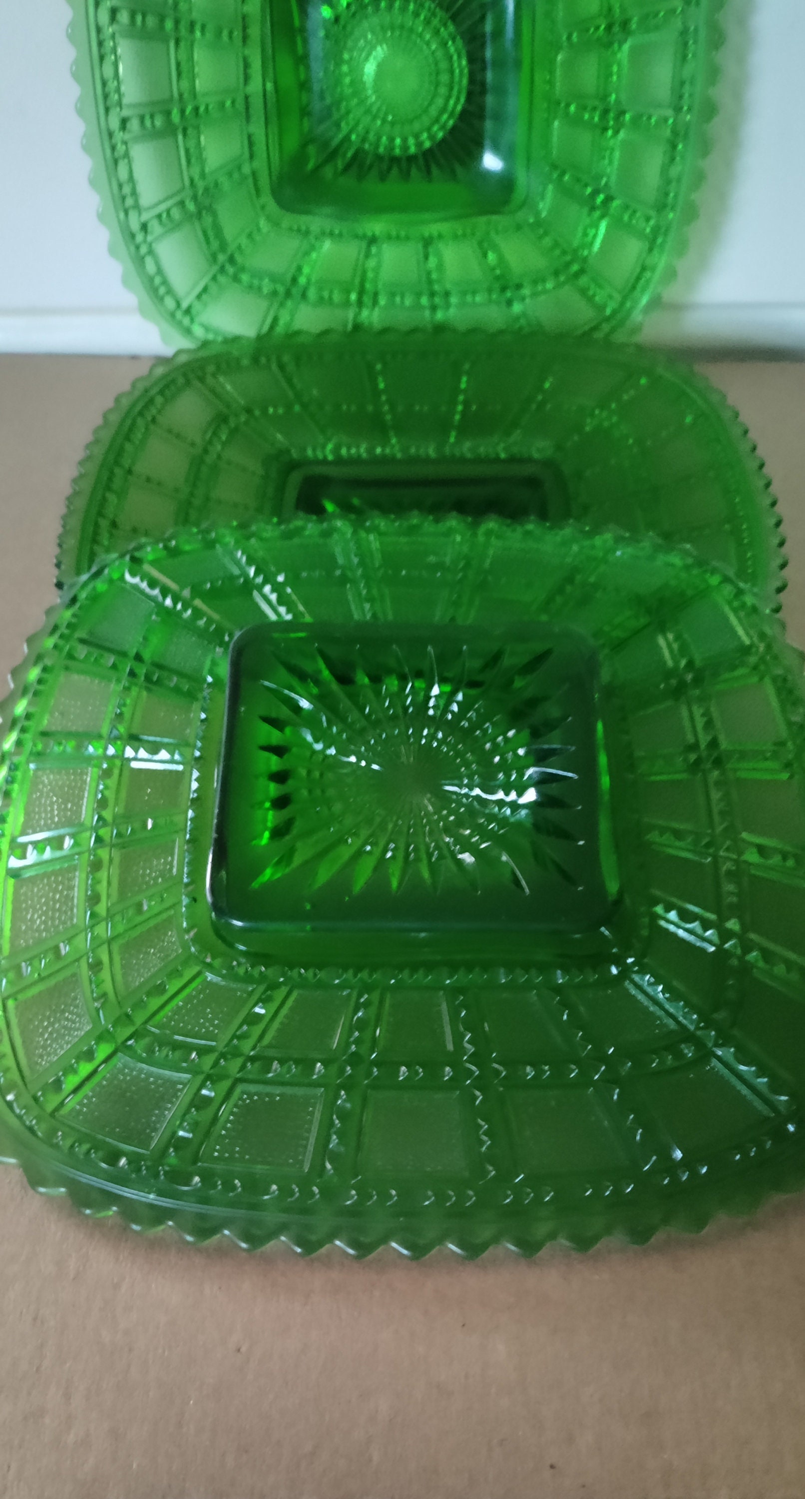 Imperial Beaded Block Green Depression Glass 8 Square Luncheon Plates ...